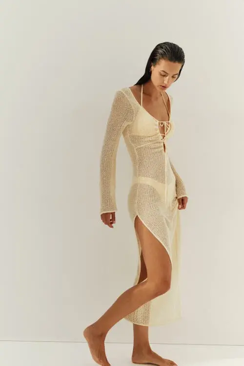 H&M Long Loose-knit Beach Dress With Tie Detail