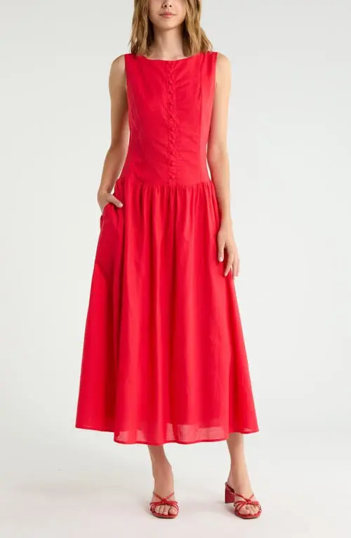 PETAL & PUP Evie Cotton & Linen Buttoned Maxi Dress - Red
