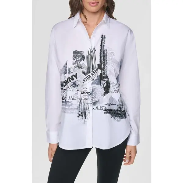 Dkny City Printed Rhinestone Cotton Button-up Shirt - White