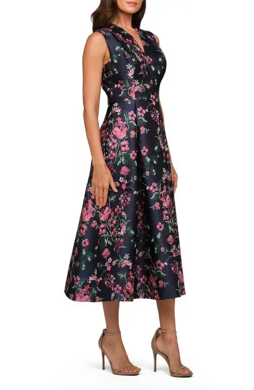 KAY UNGER Rhea Floral V-neck Midi Dress