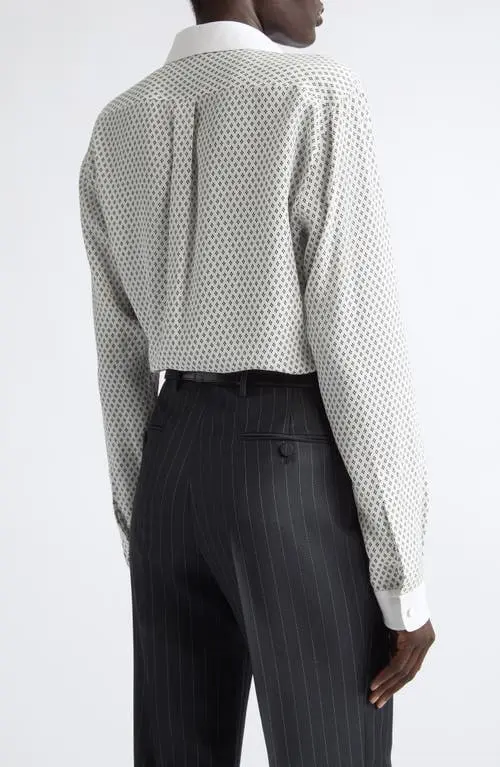 TOM FORD Diamond Print Silk Crepe Shirt With Contrast Collar And Cuffs - Off White/black