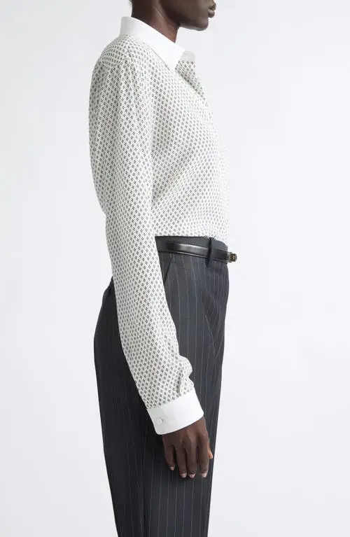TOM FORD Diamond Print Silk Crepe Shirt With Contrast Collar And Cuffs - Off White/black