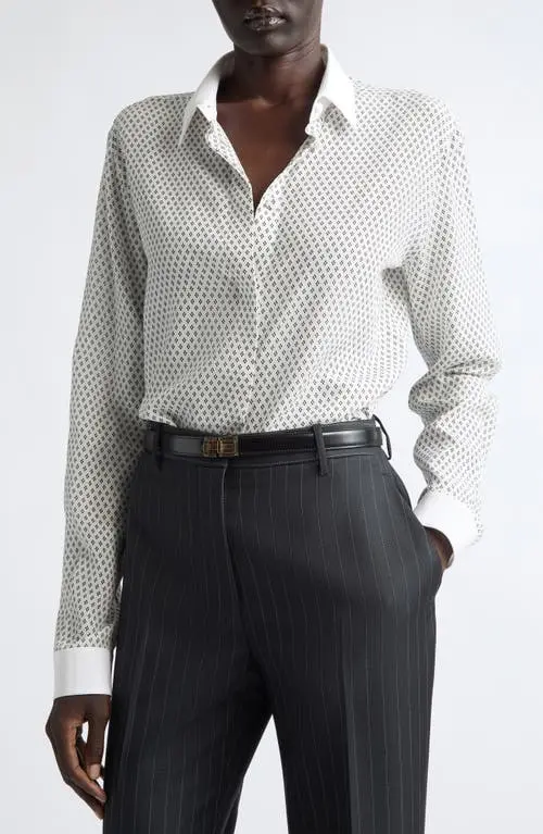 TOM FORD Diamond Print Silk Crepe Shirt With Contrast Collar And Cuffs - Off White/black