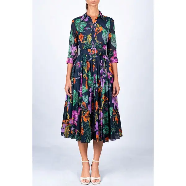 Samantha Sung Gogh Summer A-line Belted Shirtdress - Navy