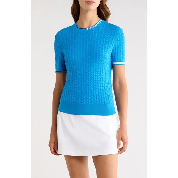G/fore Cable Knit Short Sleeve Sweater With Varsity Tipping