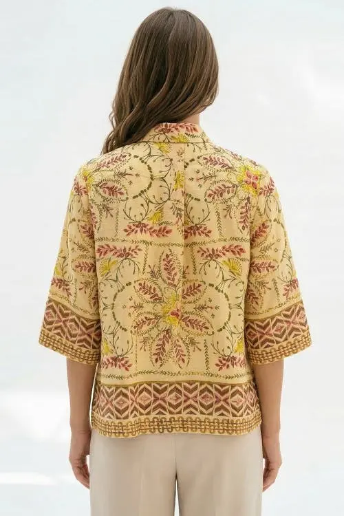 EXQUISE Printed Ramie Shirt With Classic Collar And Short Sleeves