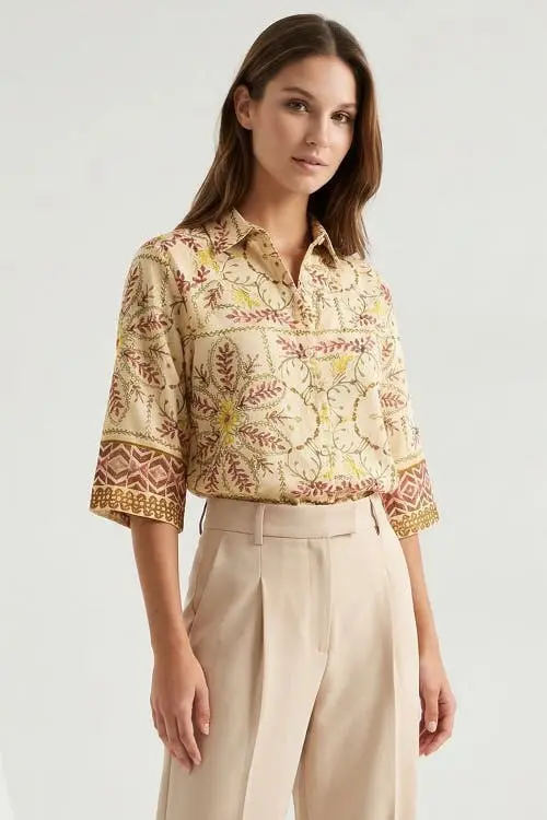 EXQUISE Printed Ramie Shirt With Classic Collar And Short Sleeves
