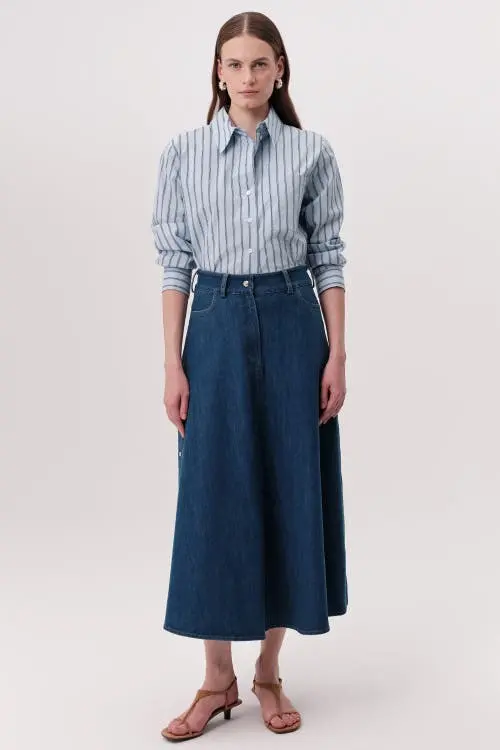 EXQUISE Meagan High Waisted Zip Pocket Denim Skirt - Indigo