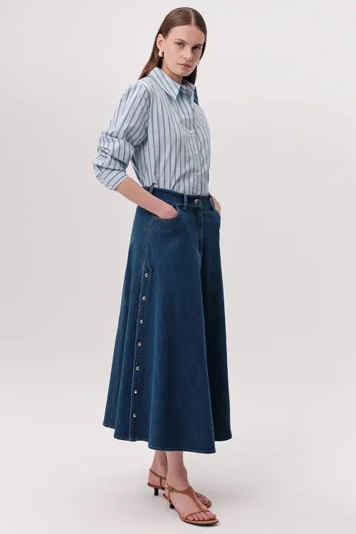 EXQUISE Meagan High Waisted Zip Pocket Denim Skirt