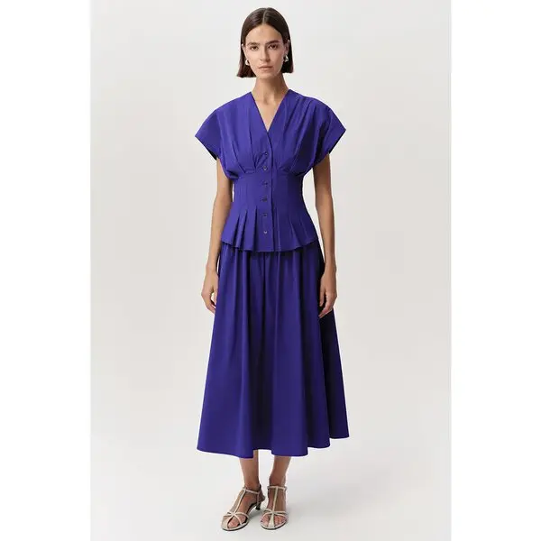 EXQUISE Albaric V Neck Short Sleeve Midi Dress - Sax