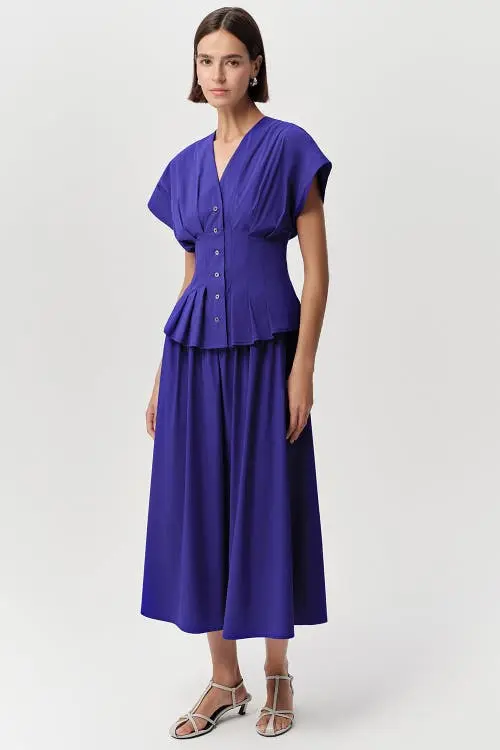 EXQUISE V Neck Short Sleeve Midi Dress