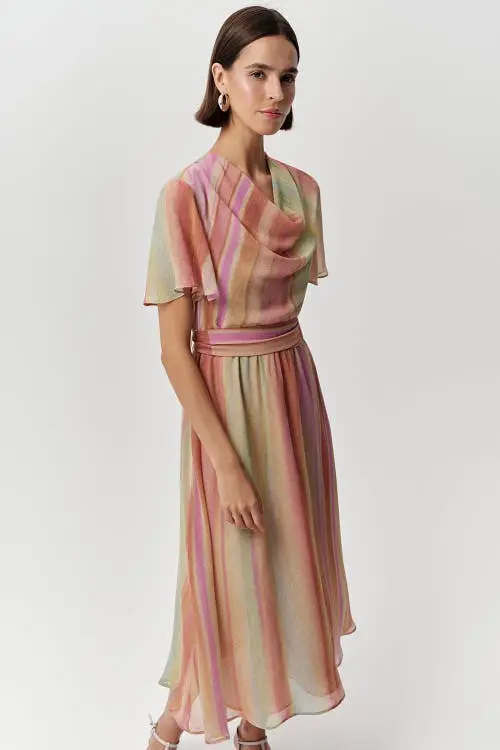 EXQUISE Sahra Striped Cowl Neck Midi Dress