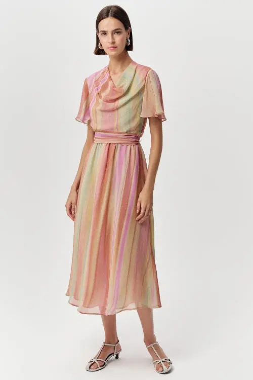EXQUISE Sahra Striped Cowl Neck Midi Dress