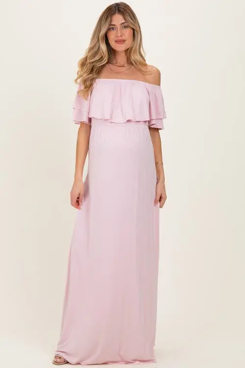 PINKBLUSH Off-the-shoulder Ruffled Maternity Maxi Dress