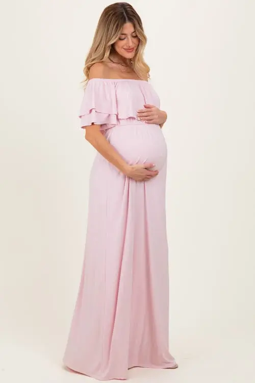 PINKBLUSH Off-the-shoulder Ruffled Maternity Maxi Dress