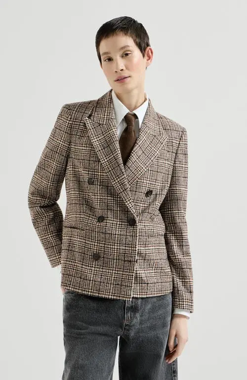Brunello Cucinelli Alpaca And Wool Prince Of Wales Blazer With Monili - Brown