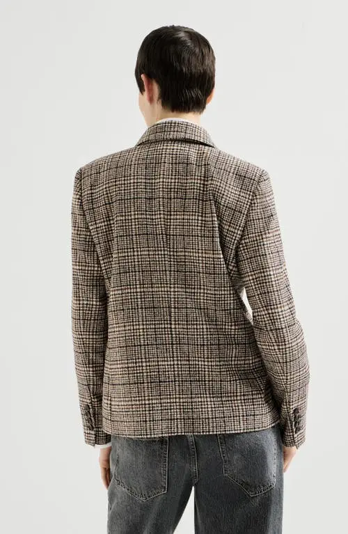 Brunello Cucinelli Alpaca And Wool Prince Of Wales Blazer With Monili - Brown