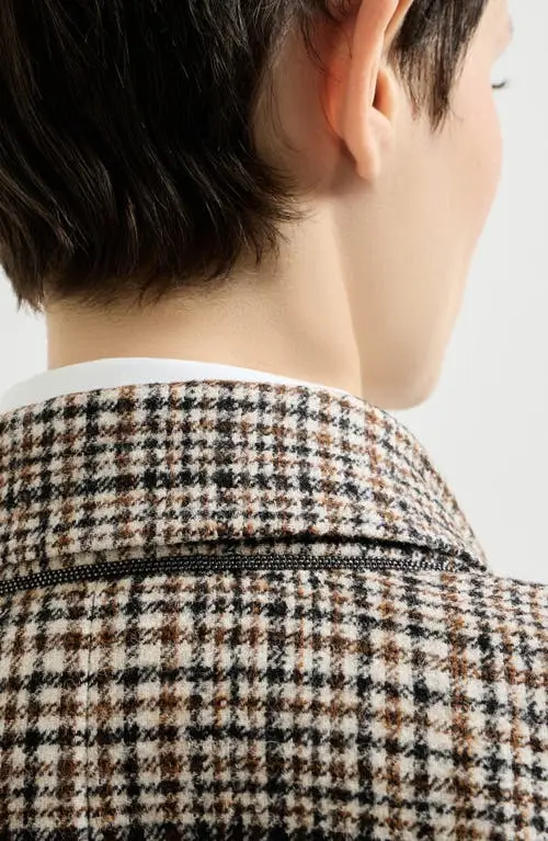 Brunello Cucinelli Alpaca And Wool Prince Of Wales Blazer With Monili - Brown