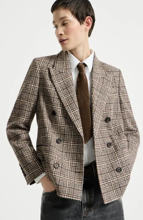 Brunello Cucinelli Alpaca And Wool Prince Of Wales Blazer With Monili - Brown