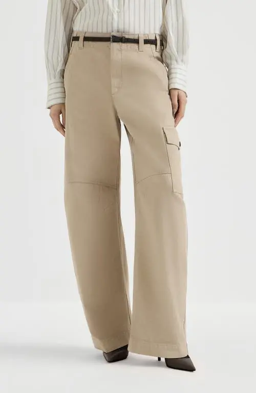 Brunello Cucinelli Délavé Cotton Canvas Cargo Barrel Trousers With Monili - Beige