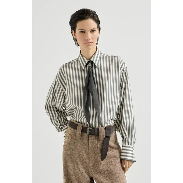 Brunello Cucinelli Striped Silk Poplin Shirt With Virgin Wool Foulard - Green
