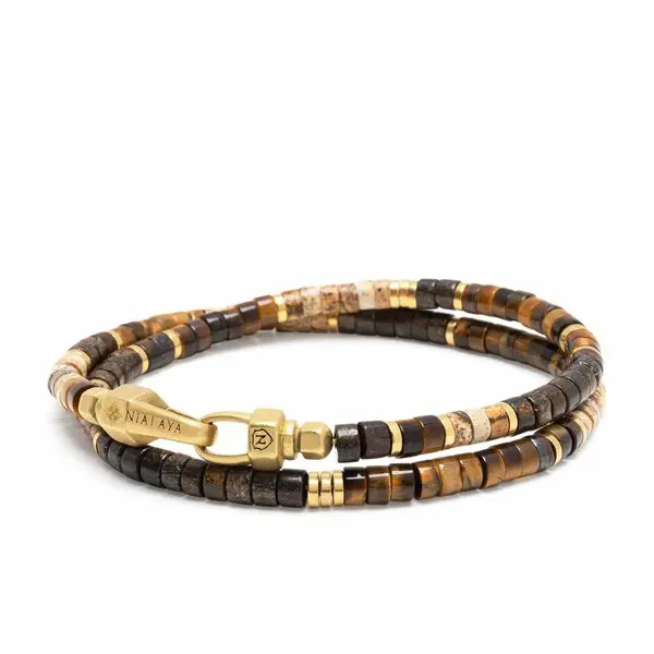 NIALAYA JEWELRY Brown / Gold Brown Tiger Eye Heishi Wrap Bracelet - Brown/gold