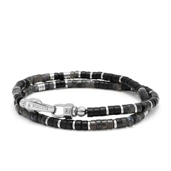 NIALAYA JEWELRY Black / Silver Black Onyx & Labradorite Heishi Wrap Bracelet - Black/silver