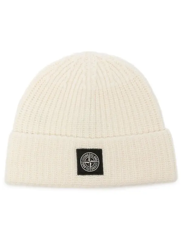 Stone Island Ribbed Wool Beanie Hat - White