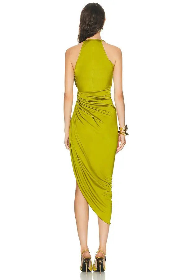 David Koma Plunge Neckline Asymmetric Hem Ruched Dress - Green