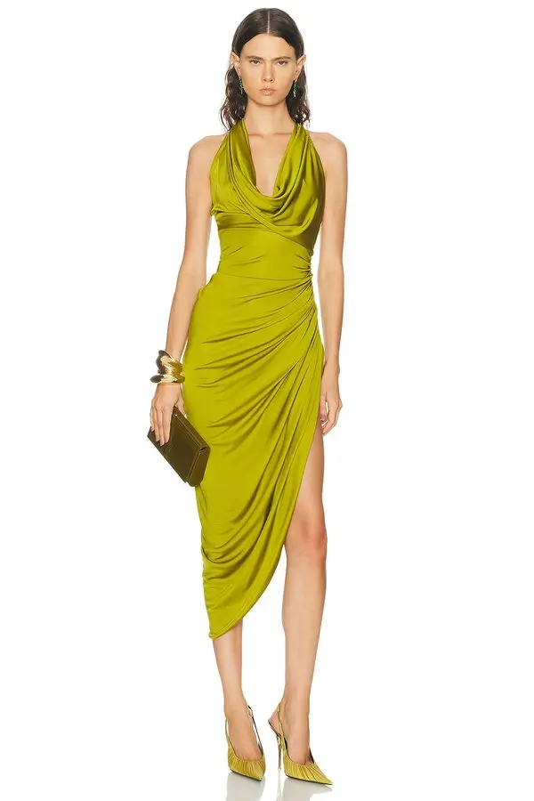 David Koma Plunge Neckline Asymmetric Hem Ruched Dress