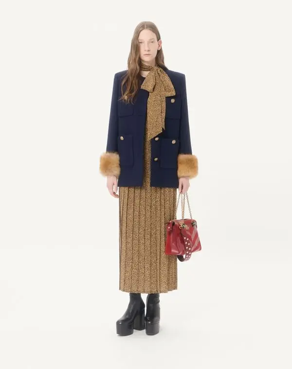 Valentino Garavani Wool Tweed Caban With Shearling Cuffs - Navy