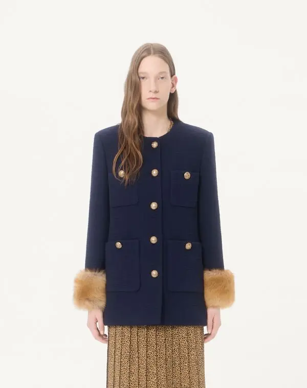 Valentino Garavani Wool Tweed Caban With Shearling Cuffs - Navy