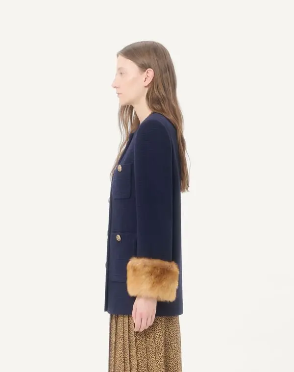 Valentino Garavani Wool Tweed Caban With Shearling Cuffs - Navy