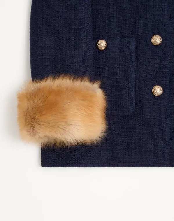 Valentino Garavani Wool Tweed Caban With Shearling Cuffs - Navy