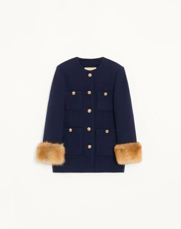 Valentino Garavani Wool Tweed Caban With Shearling Cuffs - Navy
