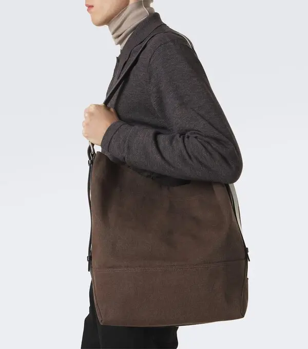 LEMAIRE Belted Leather-trimmed Canvas Tote Bag - Brown