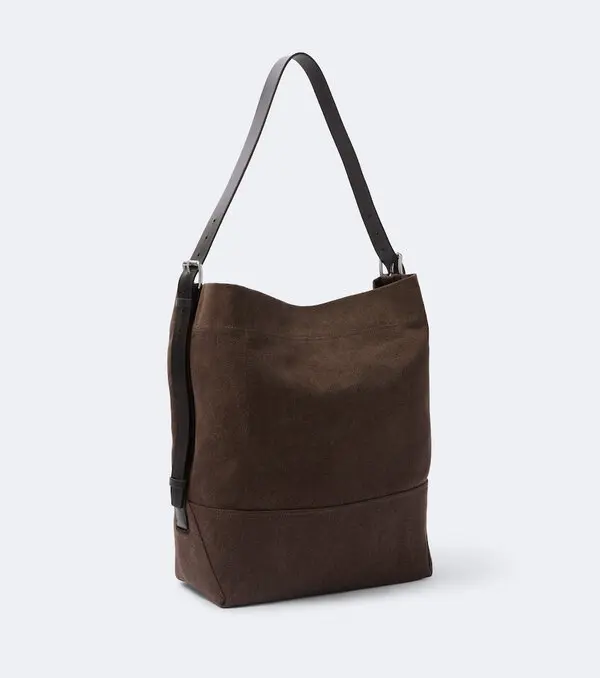 LEMAIRE Belted Leather-trimmed Canvas Tote Bag - Brown