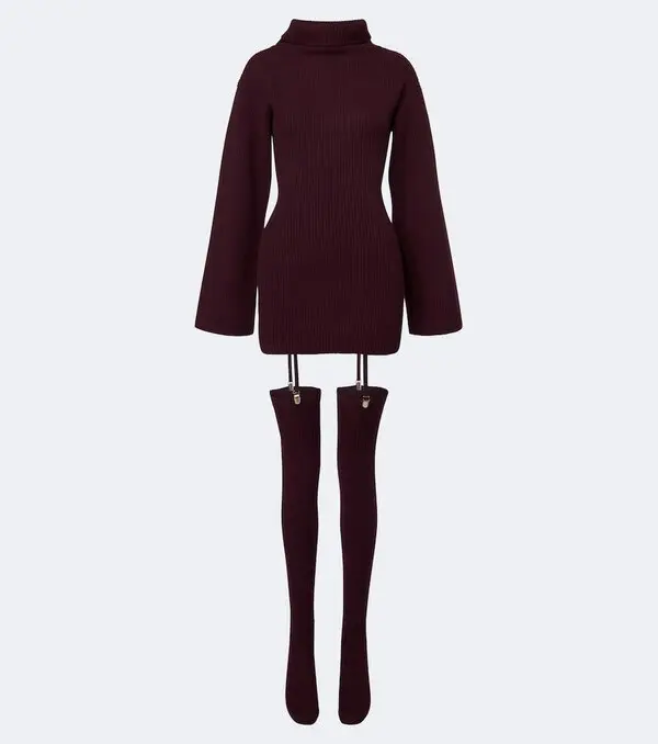 AYA MUSE Cursa Ribbed-knit Wool Minidress And Tights Set - Burgundy