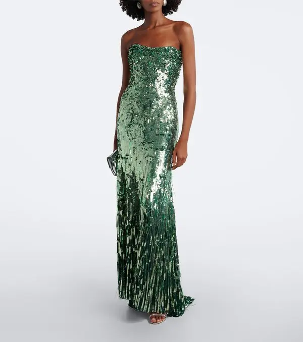 Jenny Packham Kimi Sequined Strapless Gown - Green