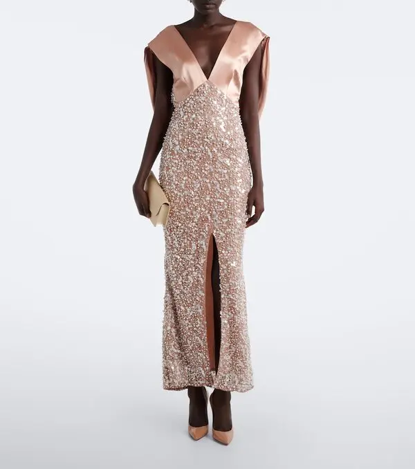 LA FUORI Là Fuori Genevieve Sequined Draped Satin Gown