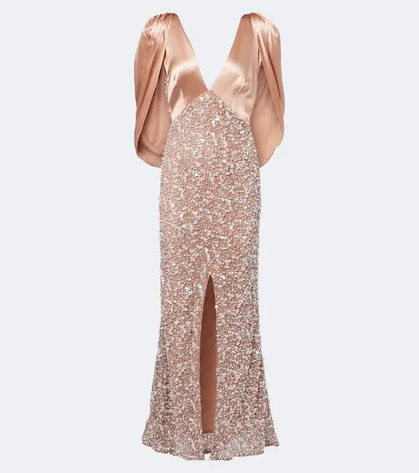 LA FUORI Genevieve Sequined Draped Satin Gown - Beige