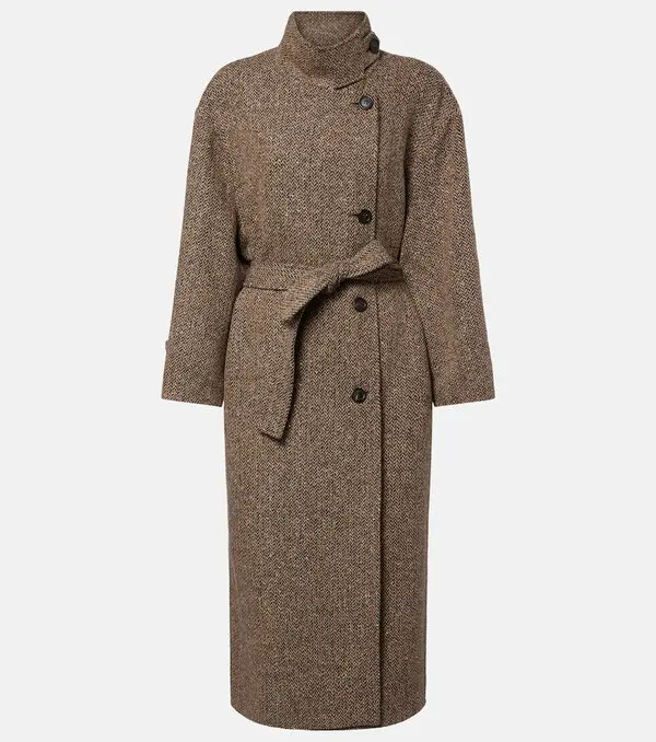 Brunello Cucinelli Belted Herringbone Wool-blend Coat - Brown