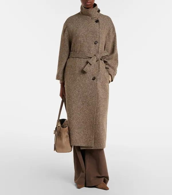 Brunello Cucinelli Belted Herringbone Wool-blend Coat - Brown