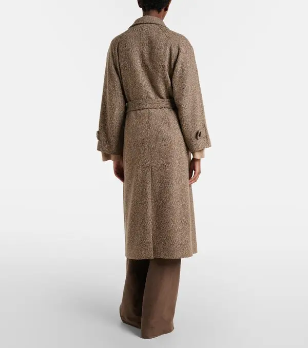 Brunello Cucinelli Belted Herringbone Wool-blend Coat - Brown
