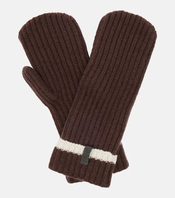 Brunello Cucinelli Monili Ribbed-knit Cashmere Mittens - Brown