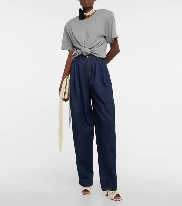 Magda Butrym Cropped Cotton-blend T-shirt With Detachable Shoulder Pads - Grey