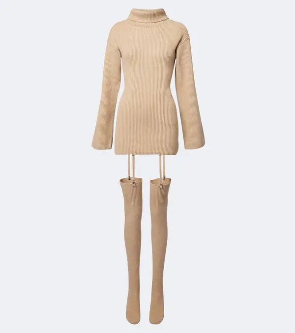 AYA MUSE Cursa Ribbed-knit Wool Minidress And Tights Set - Beige