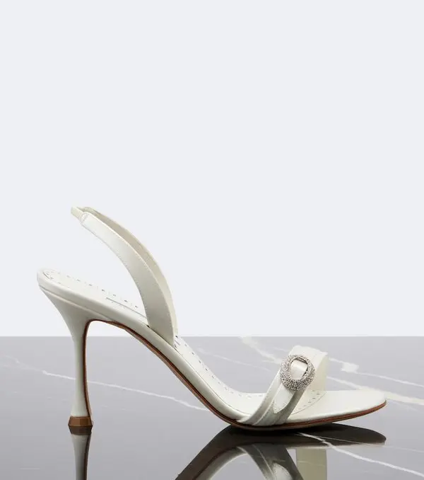 Manolo Blahnik Embellished Satin Slingback Sandals - White