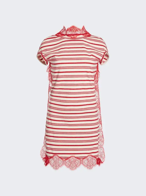 Christopher Esber Stripe Jersey Lace Trimmed Tee Dress Flame And White - Red