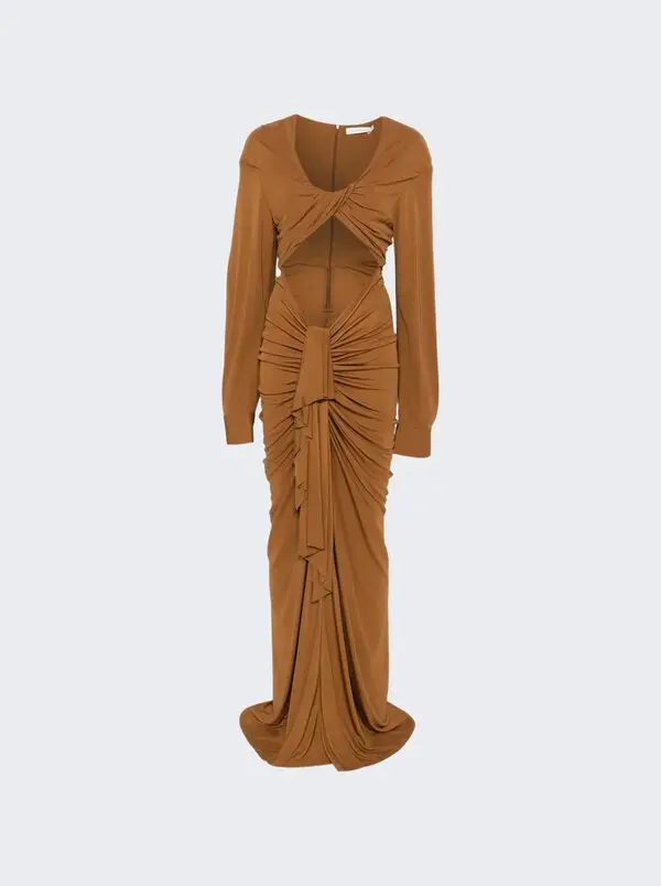 Christopher Esber Vivenda Drape Front Long Sleeve Dress Cognac - Brown